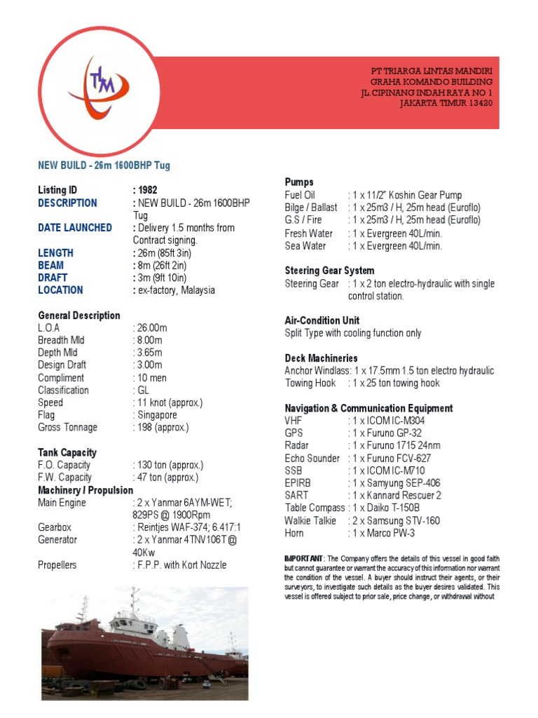 New Tug New Build - 26m 1600bhp Tug | PDF | Tugboat | Shipping