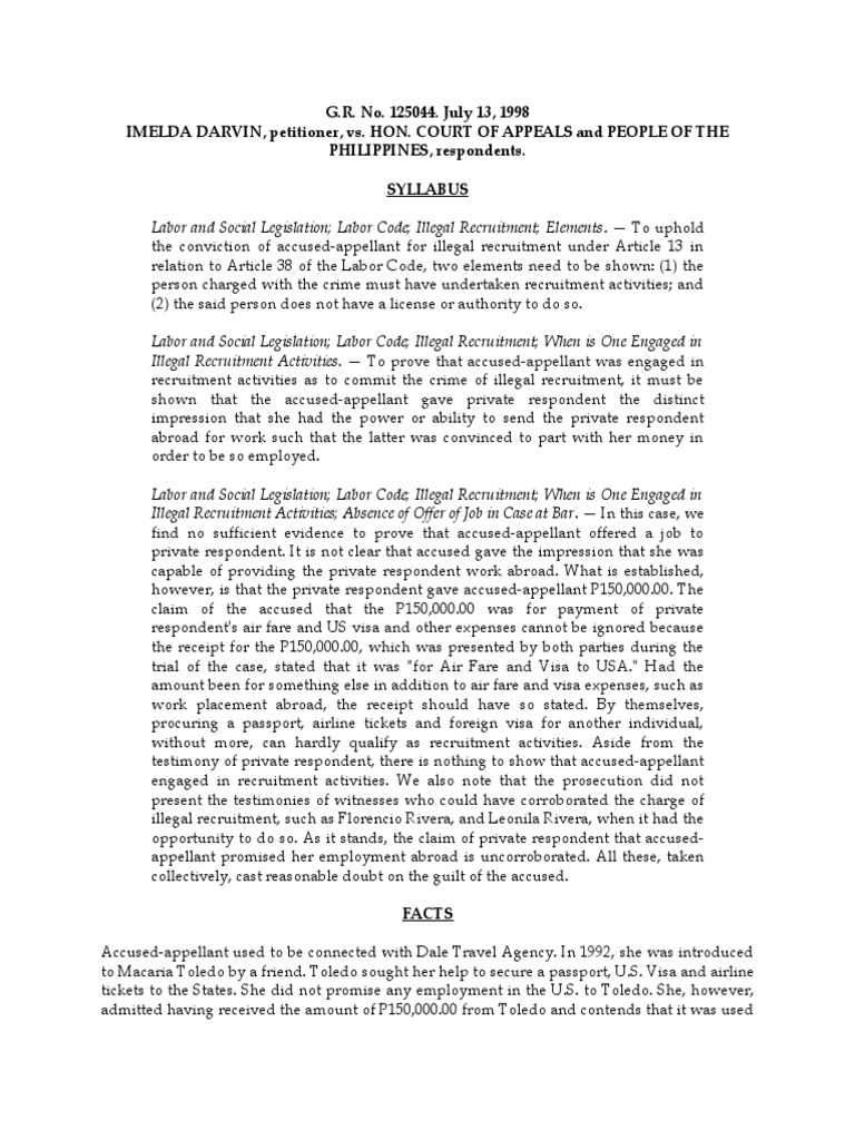 Case Digest - Imelda Darvin V CA - Illegal Recruitment - GR No 125044 ...