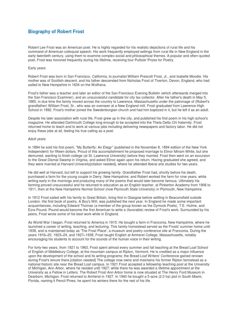 Biography of Robert Frost | PDF | Poetry