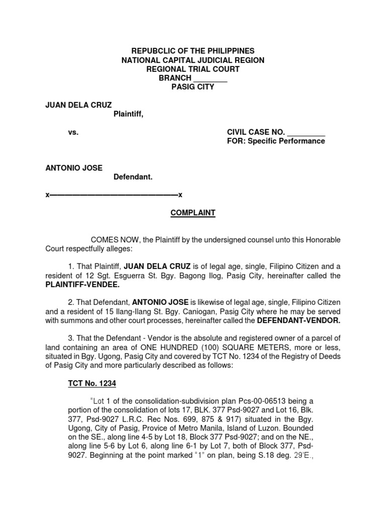 Complaint For Specific Performance | Download Free PDF | Damages | Lawsuit