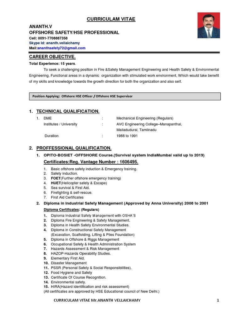 Ananth.v, Offshore CV For SAFETY/HSE PROFESSIONAL | Occupational Safety ...