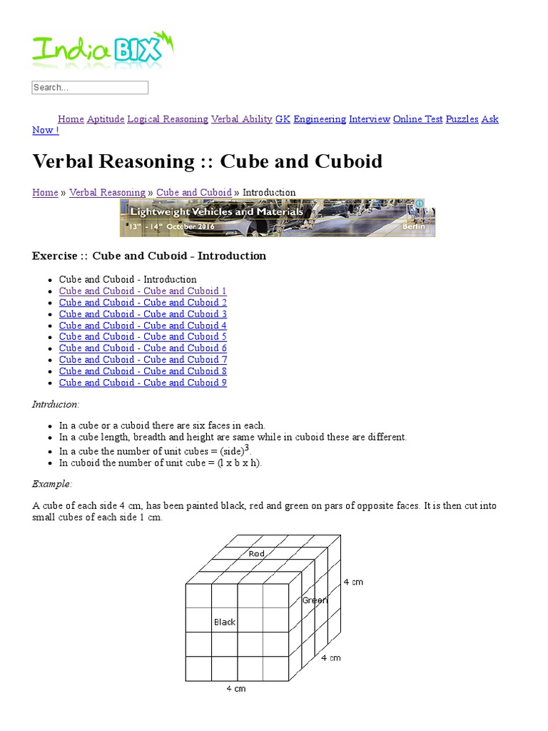 Cube and Cuboid Introduction - Verbal Reasoning Questions and Answers | PDF | Reason