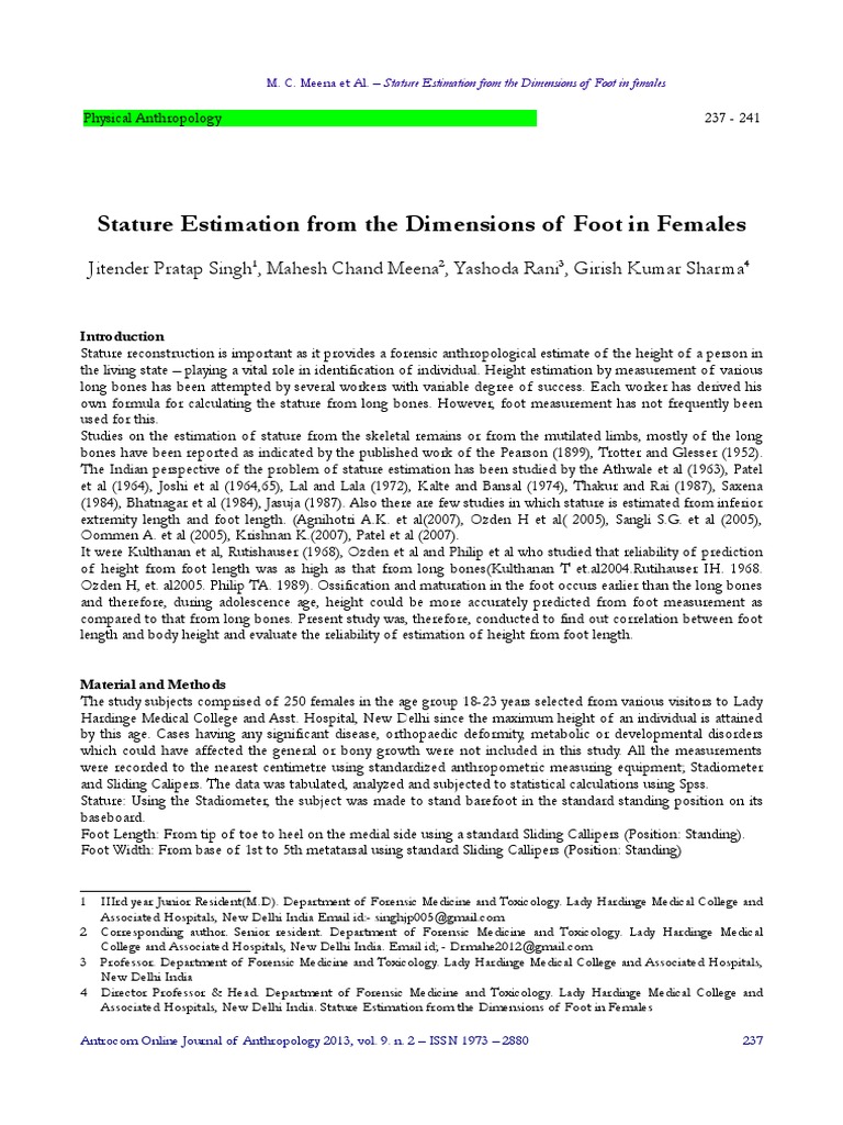 Stature Estimation From The Dimensions of Foot in Females | Download ...