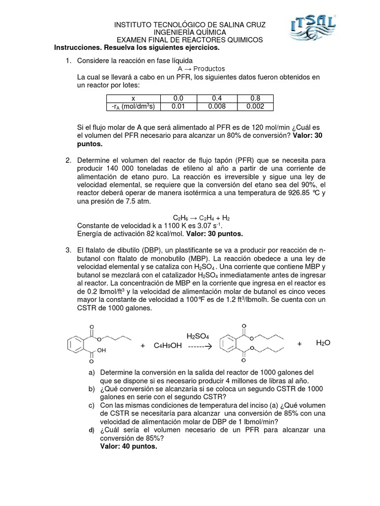 Examen Reactores Quimicos | PDF | Reactor Quimico | Química