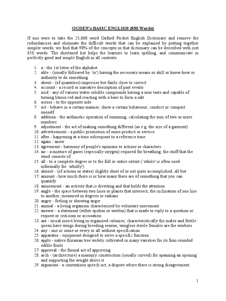 Ogden's 850 Basic English Words List | PDF | Time | Sex