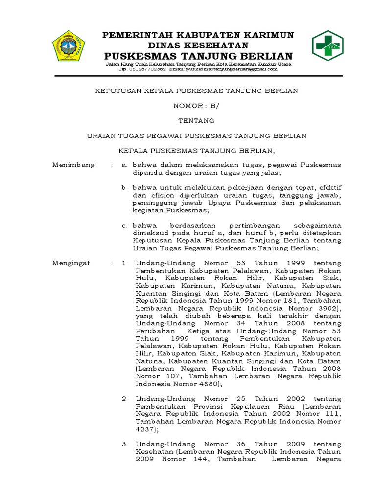 SK Uraian Tugas Pegawai Puskesmas TG Berlian | PDF | Pengelolaan ...