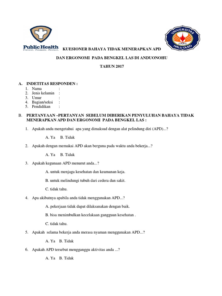 Kuesioner Bahaya Tidak Menggunakan Apd Dan Ergonomi Pada Bengkel Las Di ...