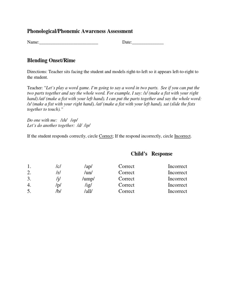 Onset and Rime Blending Assessment | PDF