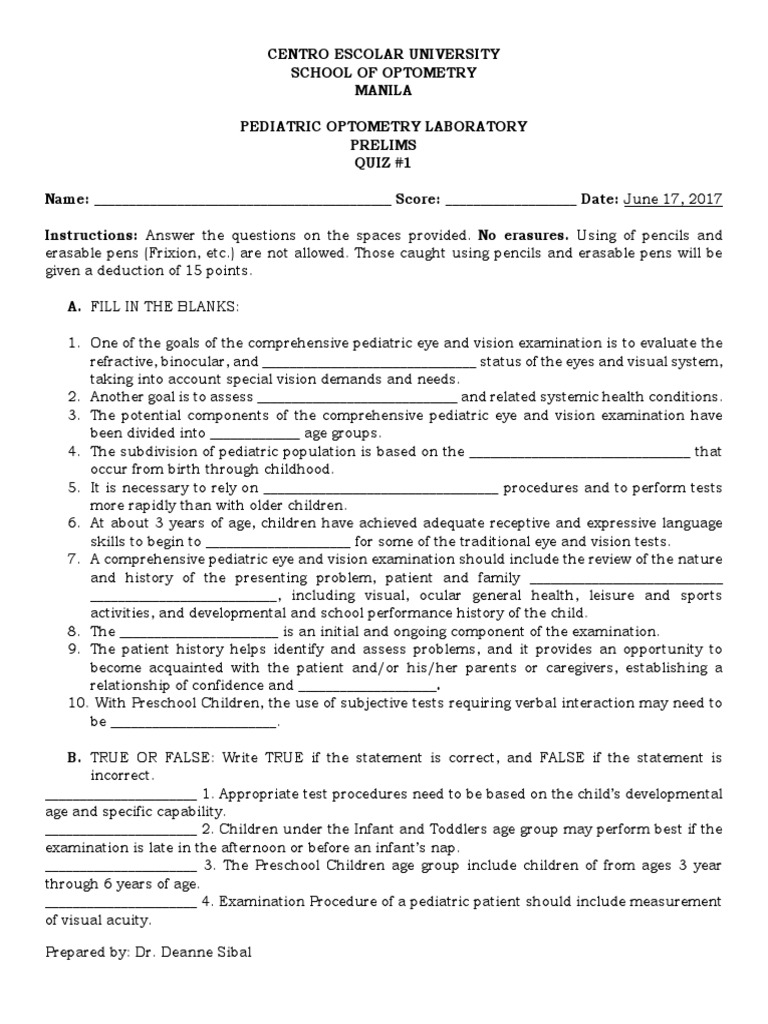 Quiz 1 | PDF | Optometry | Test (Assessment)