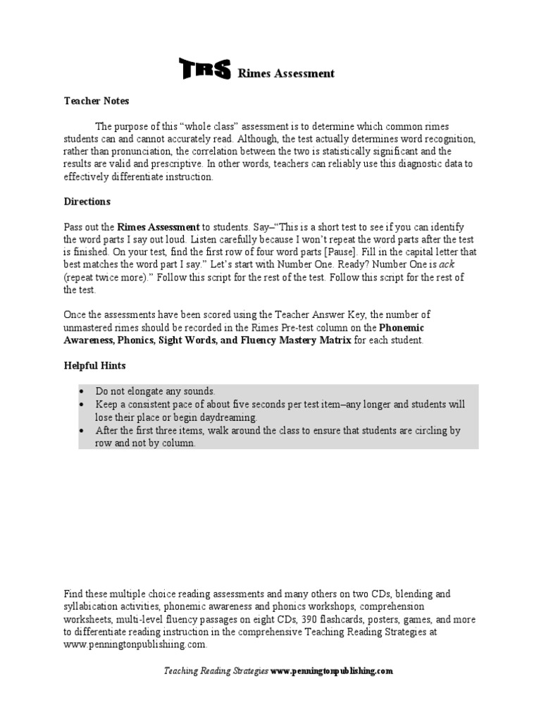 Rimes Assessment for Reading Skills | PDF | Phonics | Educational ...