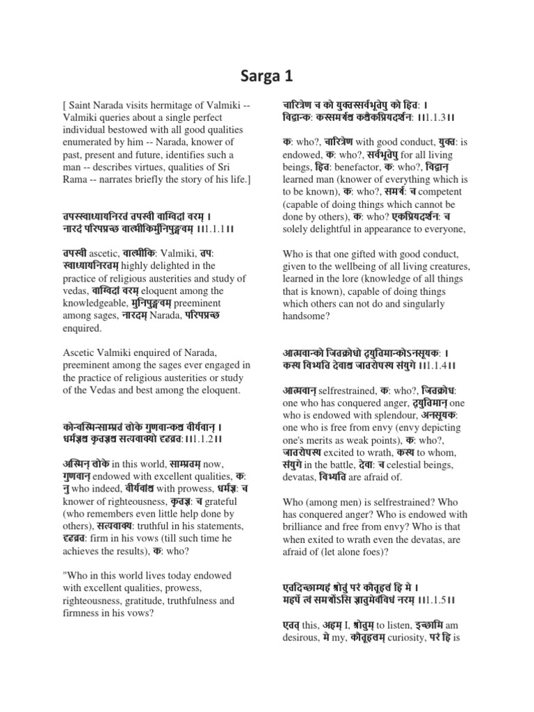 Valmiki Ramayan - Chapter 1 (Sanskrit With English Translations) | PDF