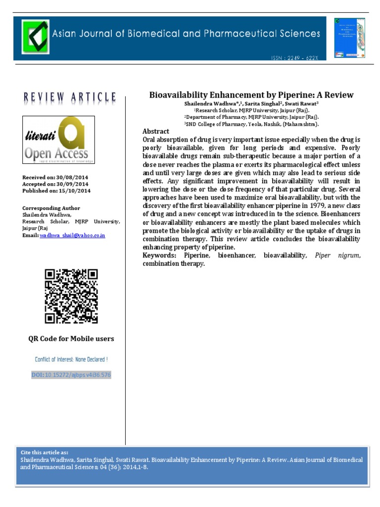 Bioavailability Enhancement by Piperine | PDF | Bioavailability | Drug ...