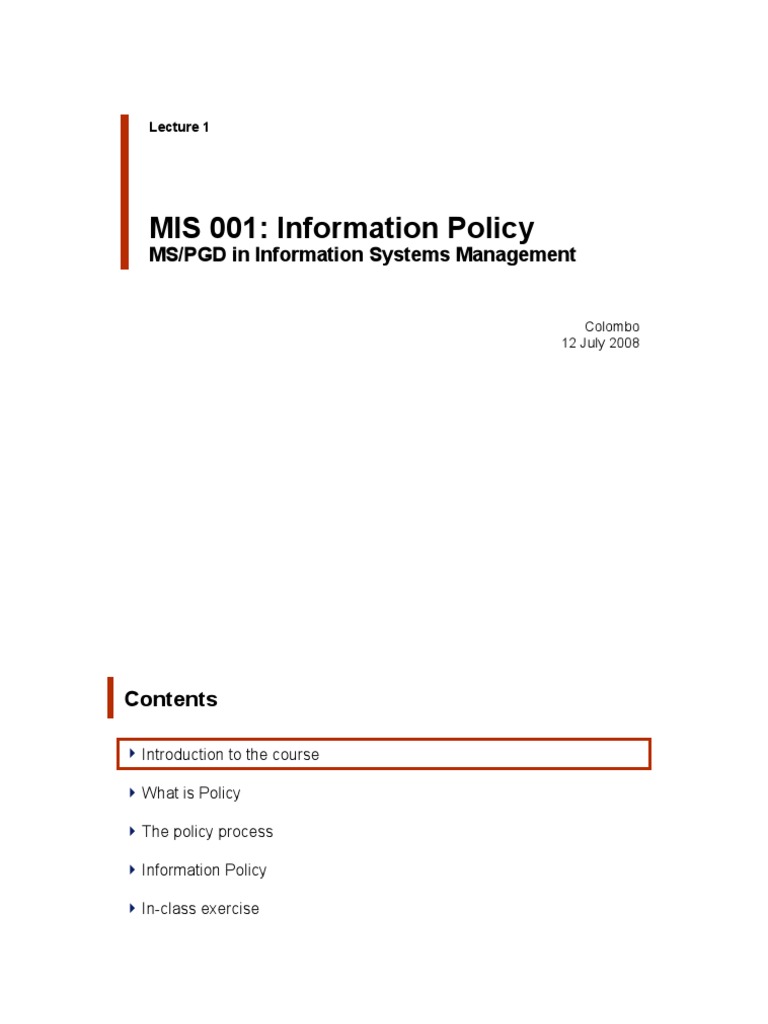 MIS 001: Information Policy: MS/PGD in Information Systems Management ...