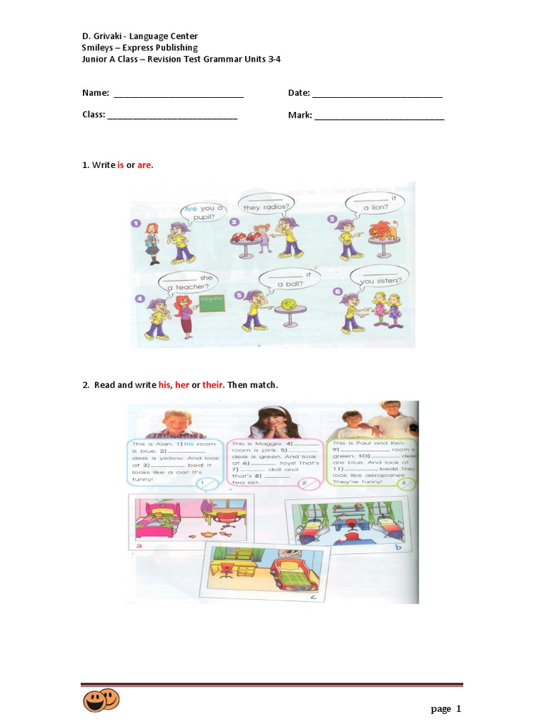 2013 Junior A Class Smileys Junior A Revision Test B Term Grammar Units ...