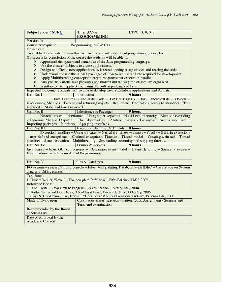 Java Syllabus Vit Pdf Pdf Java Programming Language Class Computer Programming