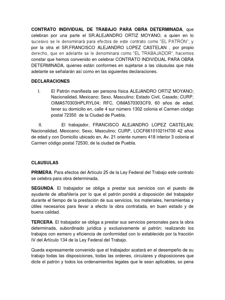 Contrato Individual de Trabajo para Obra Determinada | Descargar gratis PDF | Salario | México