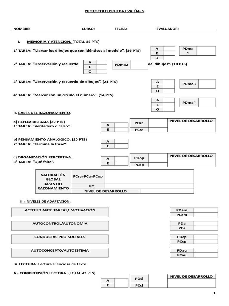 Protocolo Prueba Evalúa 5 | PDF | Lectura (proceso) | Escritura