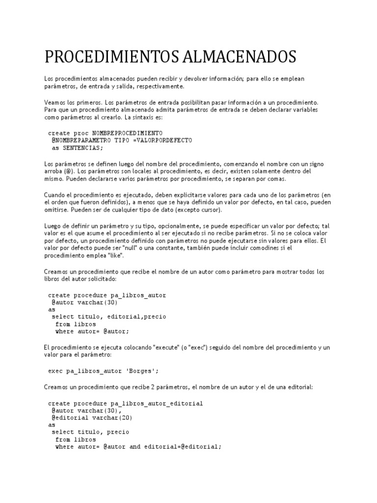 Procedimientos Almacenados | PDF | SQL | Ingeniería de software