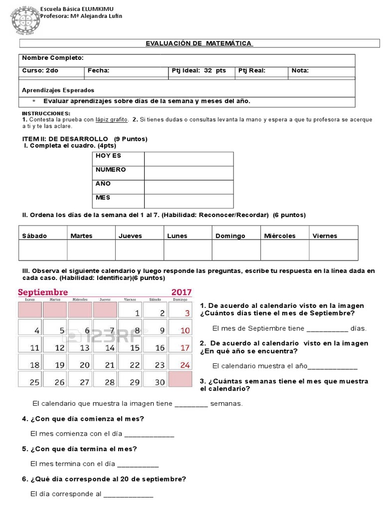 Evaluación Matemática Dia y Meses Del Año | PDF | Calendario