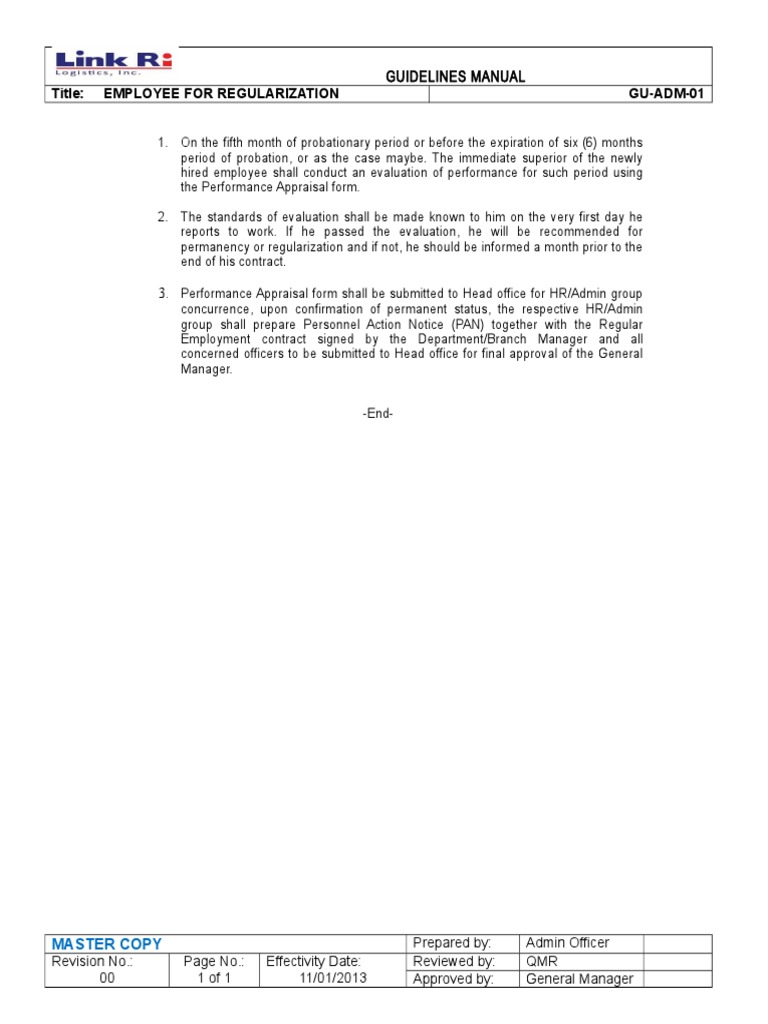 Guidelines Manual: Title: Employee For Regularization GU-ADM-01 | PDF
