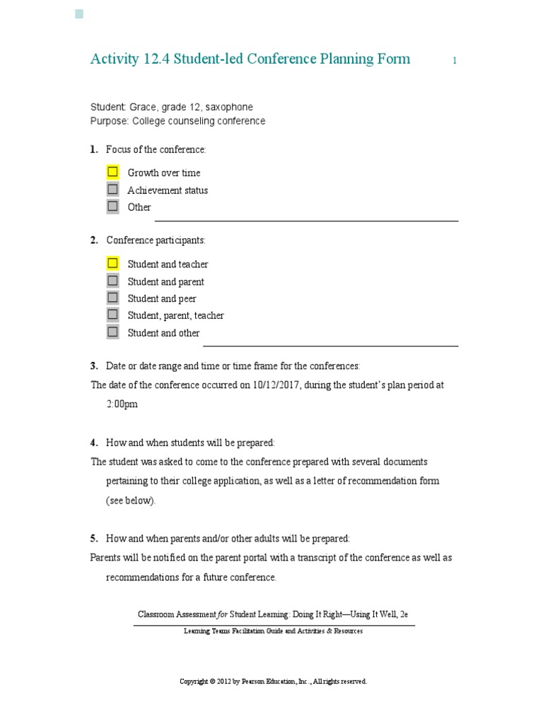 Activity 12-4 Student-Led Conference Planning Form | PDF