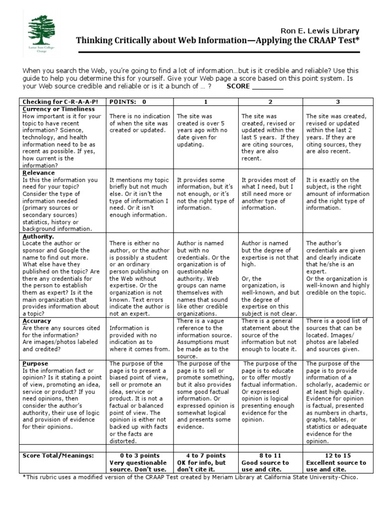 Craap Test Rubric | PDF | Expert | Science