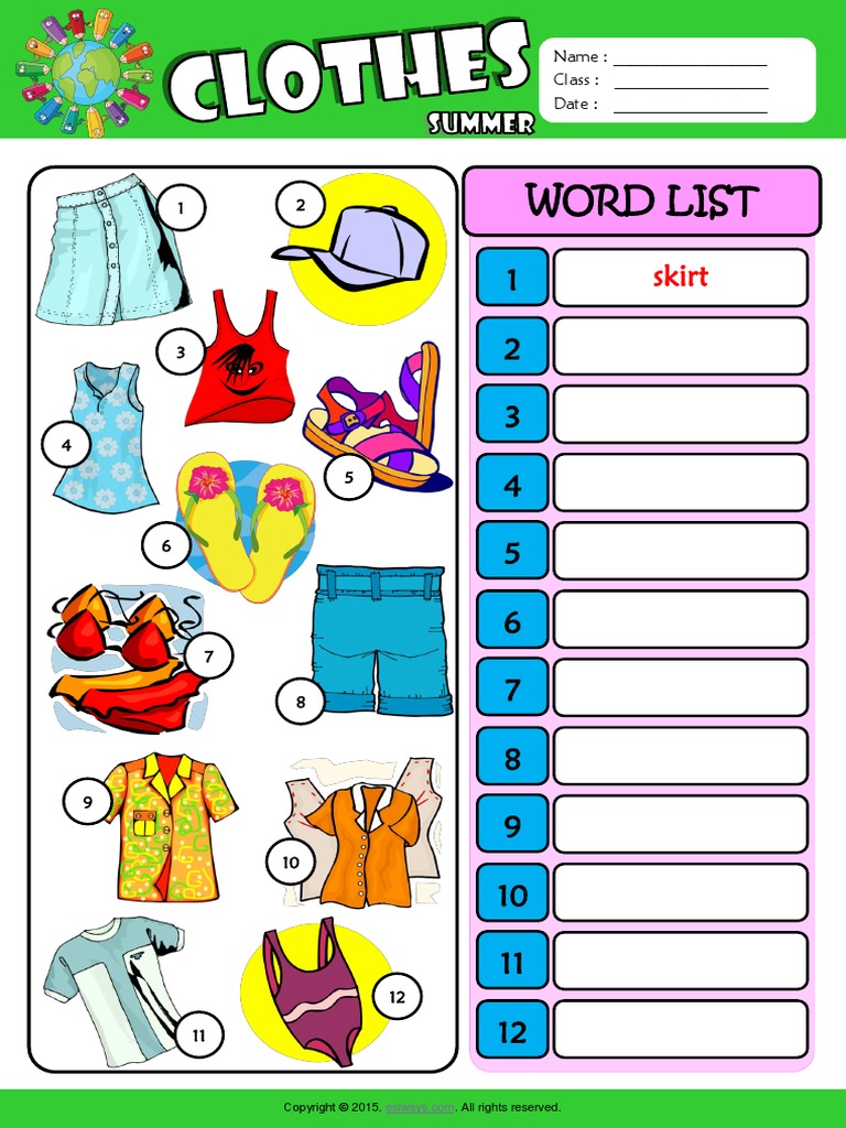 Summer Clothes Esl Vocabulary Write The Words Worksheet For Kids | PDF