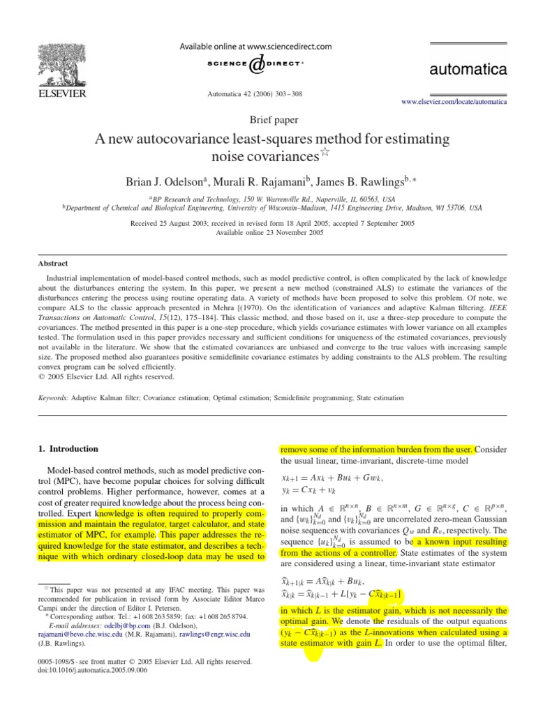 Autocovariance Least Square Method For Estimating Noise Covariances ...