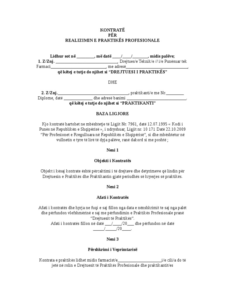 Kontrate Per Kryerjen e Praktikes Profesionale | PDF Kontrate Per Kryerjen e Praktikes Profesionale | PDF