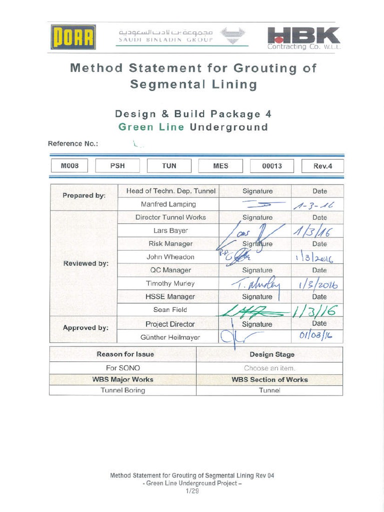 Method Statement - Grouting of Segmental Lining Green Line | PDF | Nature