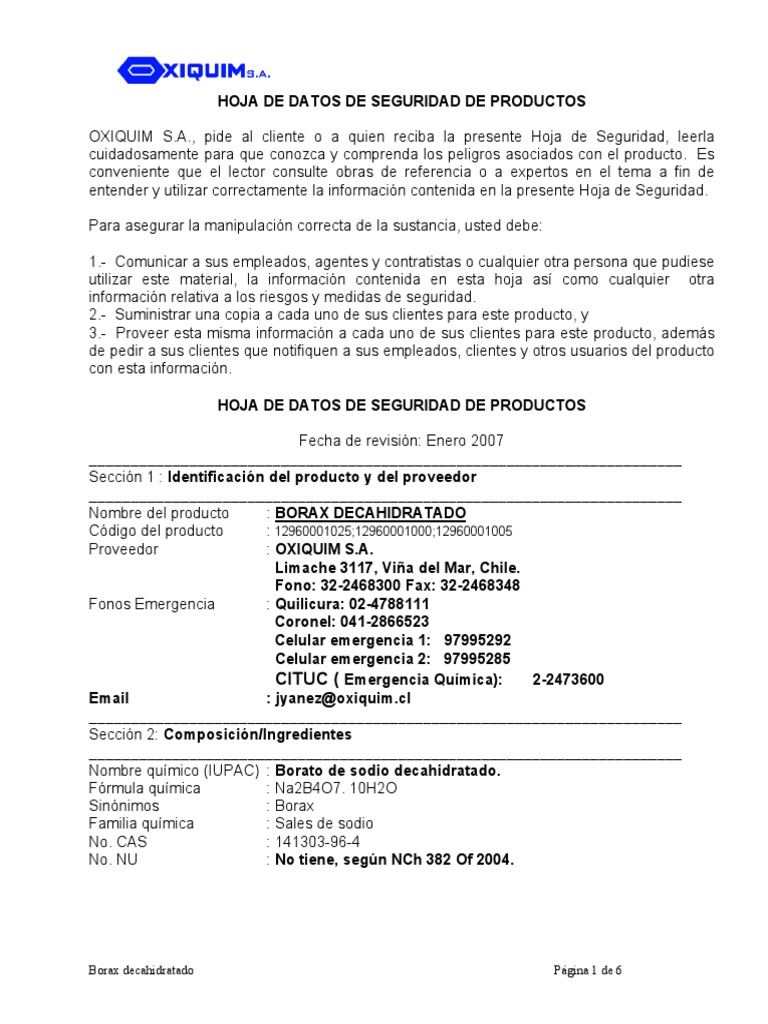 MSDS de Borax - Decahidratado | PDF | Toxicidad | Incineración
