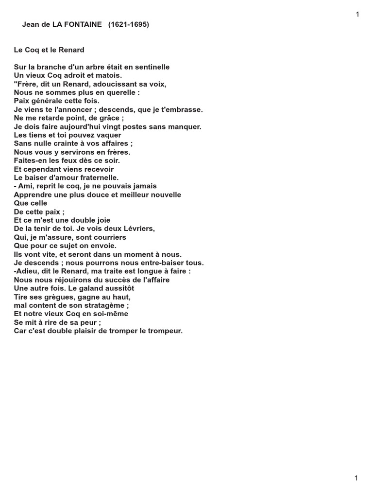 Le Coq Et Le Renard Jean de LA FONTAINE (1621-1695) | PDF