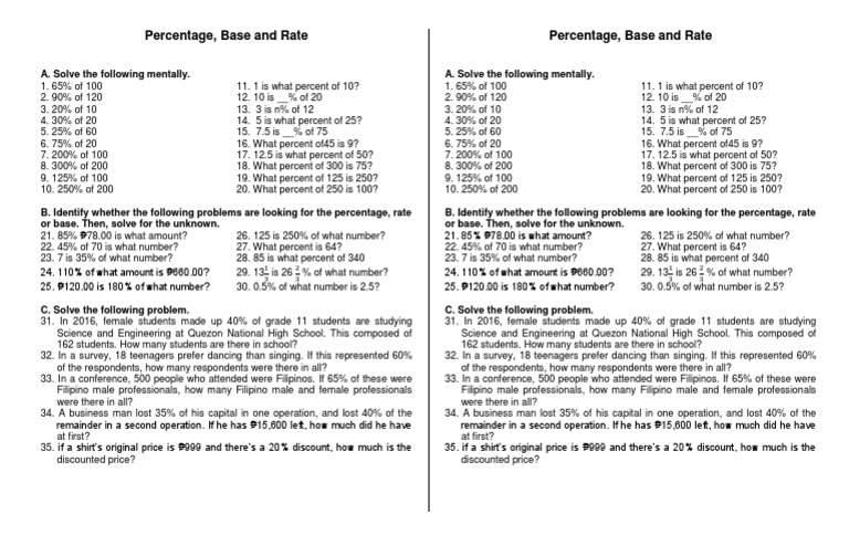 Percentage, Base Rate Worksheet (Business MAth) | Percentage Percentage, Base Rate Worksheet (Business MAth) | Percentage