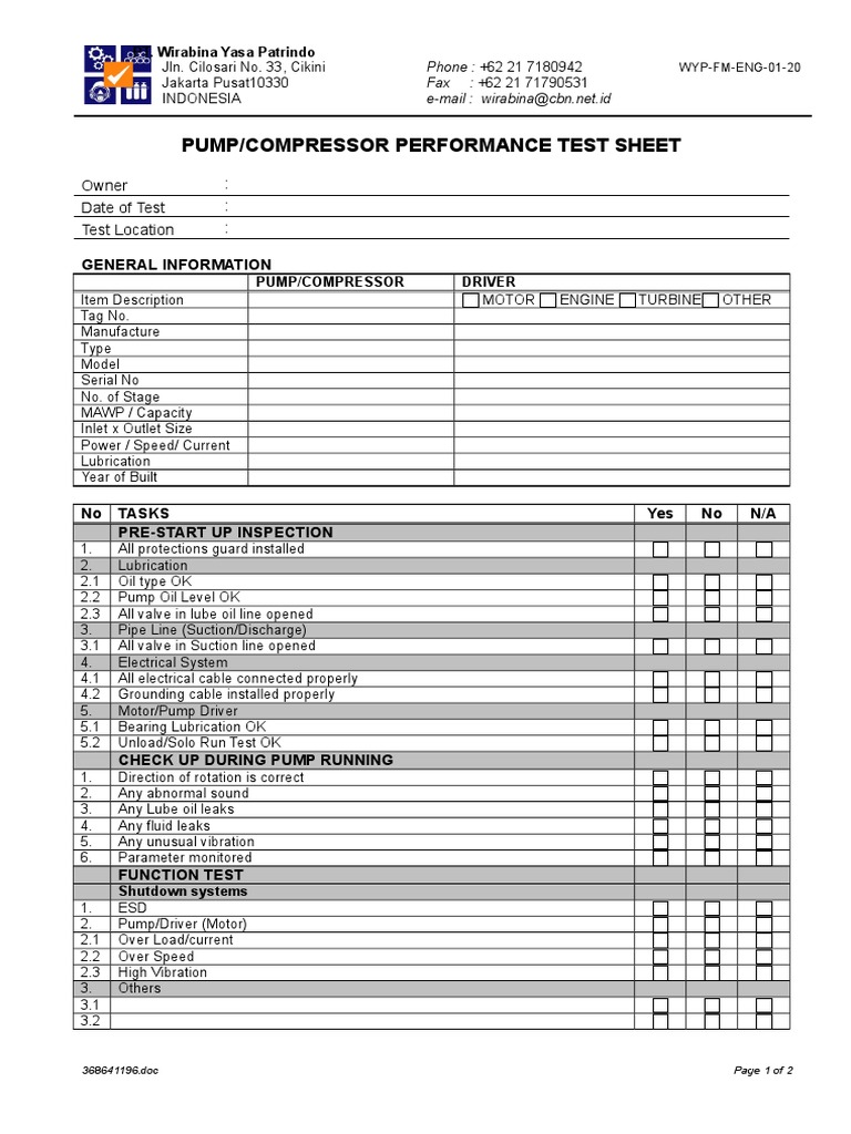 Pump Compressor Test Sheet | PDF | Pump | Bearing (Mechanical)