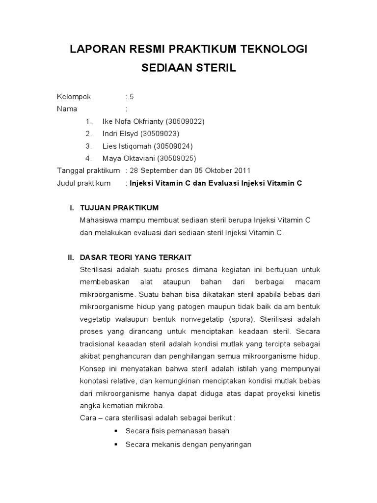 Laporan Resmi Praktikum Teknologi Sediaan Steril | PDF
