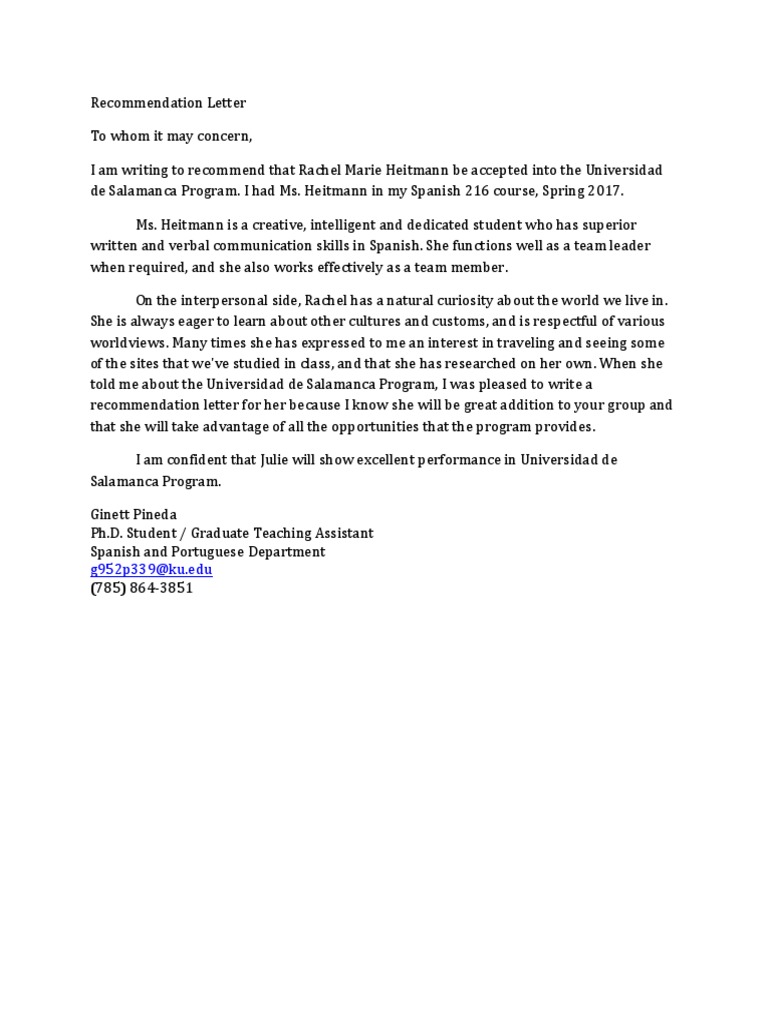Study Abroad Recommendation Letter | PDF