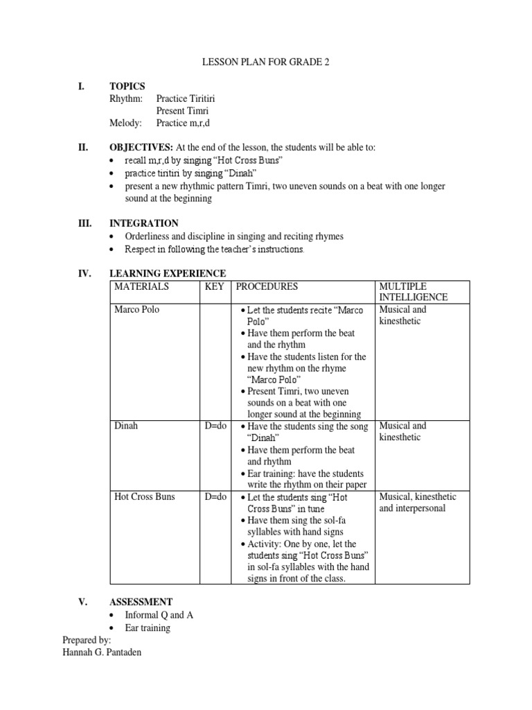 2nd Lesson Plan For Grade 2 | PDF | Rhythm | Lesson Plan