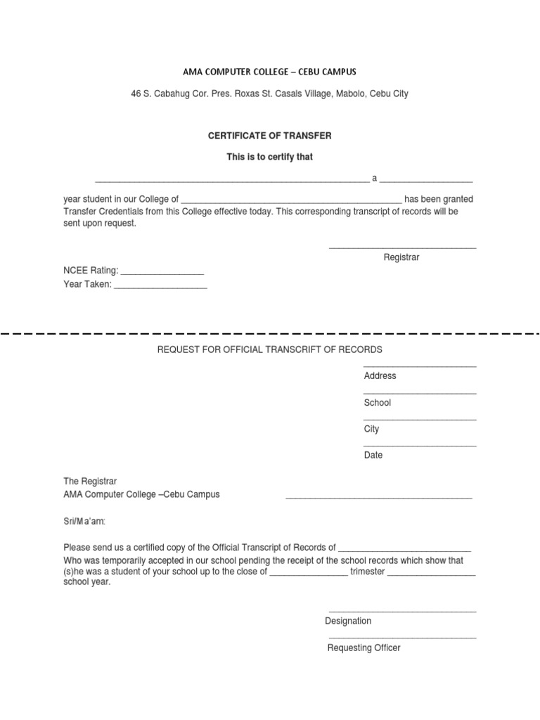 Ama Computer College - Cebu Campus: Certificate of Transfer This Is To ...