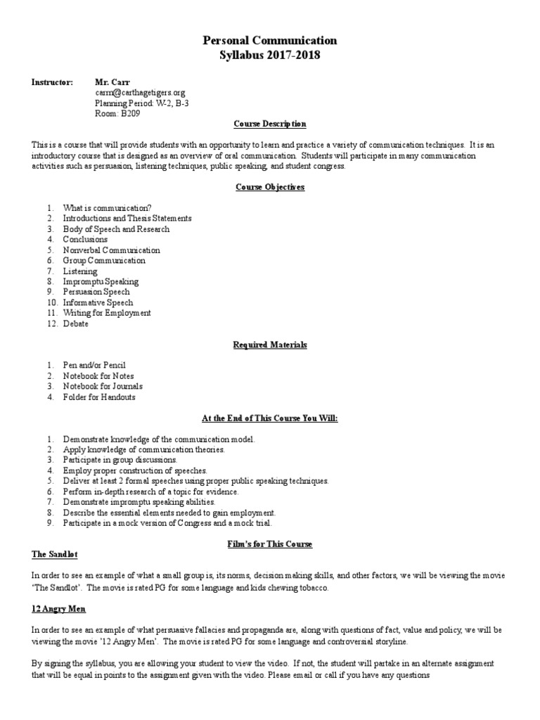 Speech Syllabus 2017-2018 | PDF | Educational Assessment | Homework