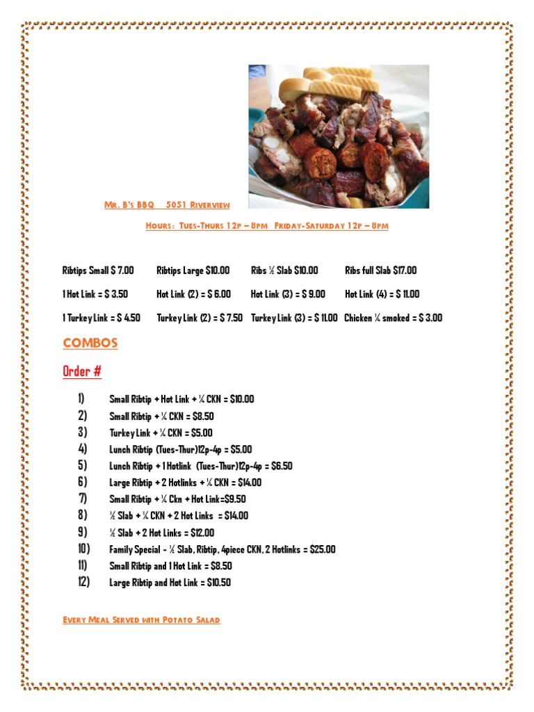 Mr. B's BBQ Menu and Hours | PDF