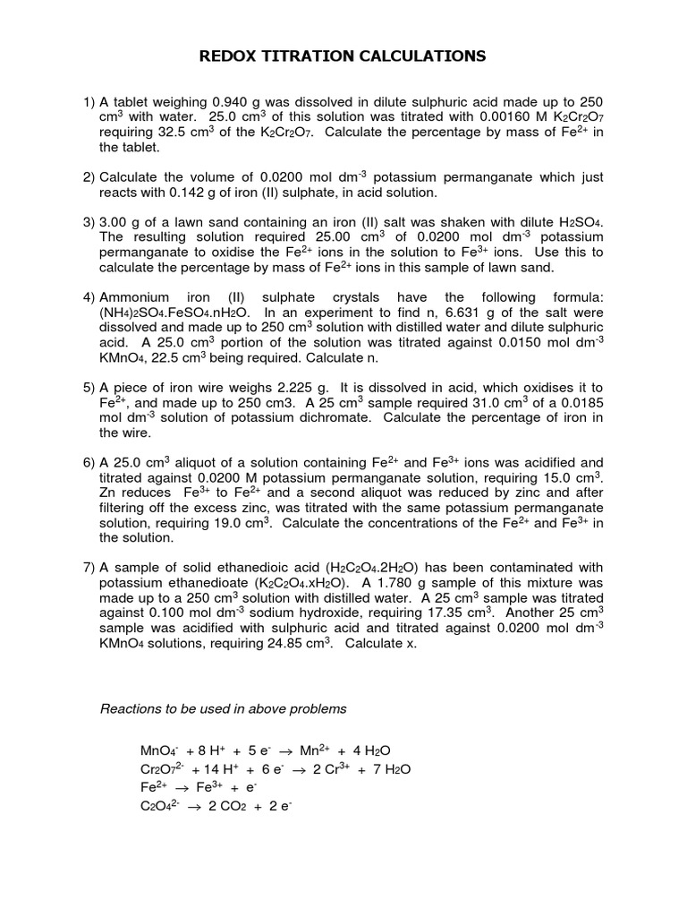 Redox Titration Calculations Guide | PDF | Titration | Chemistry