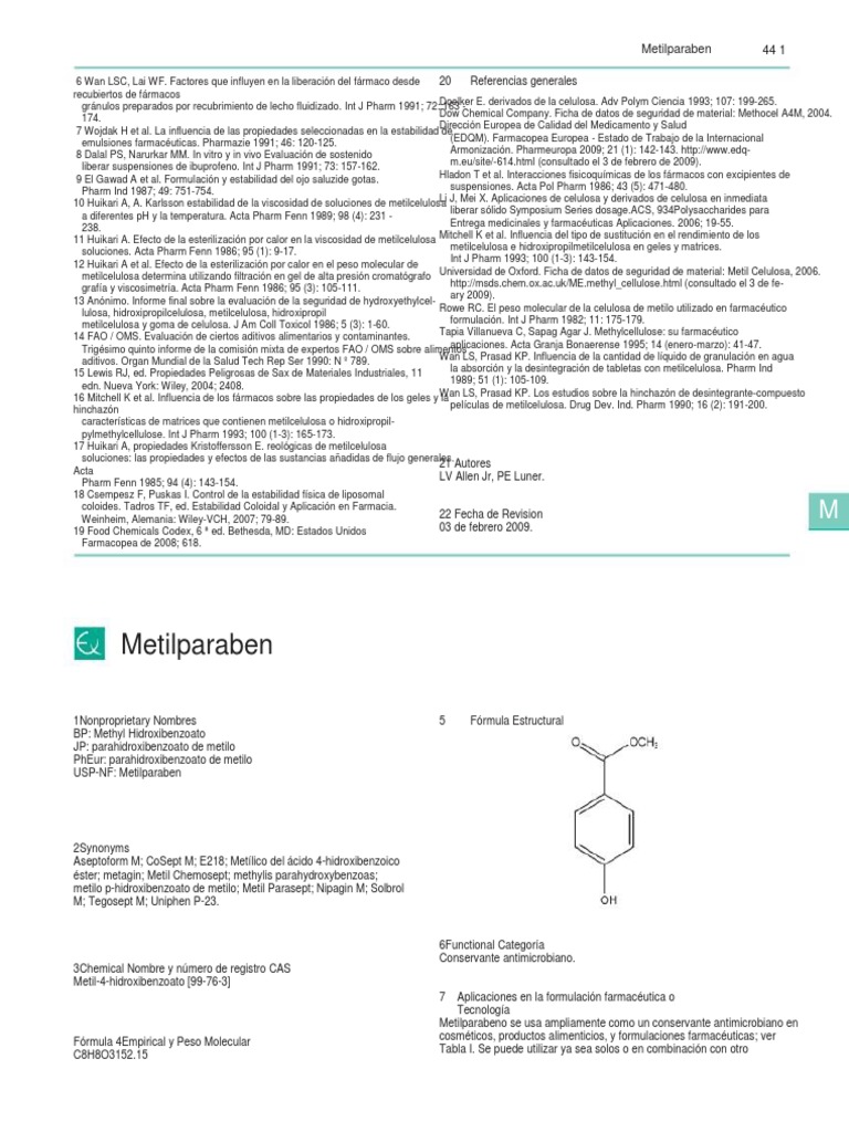 Metilparabeno Propiedades | PDF | Etanol | Medicamentos con receta