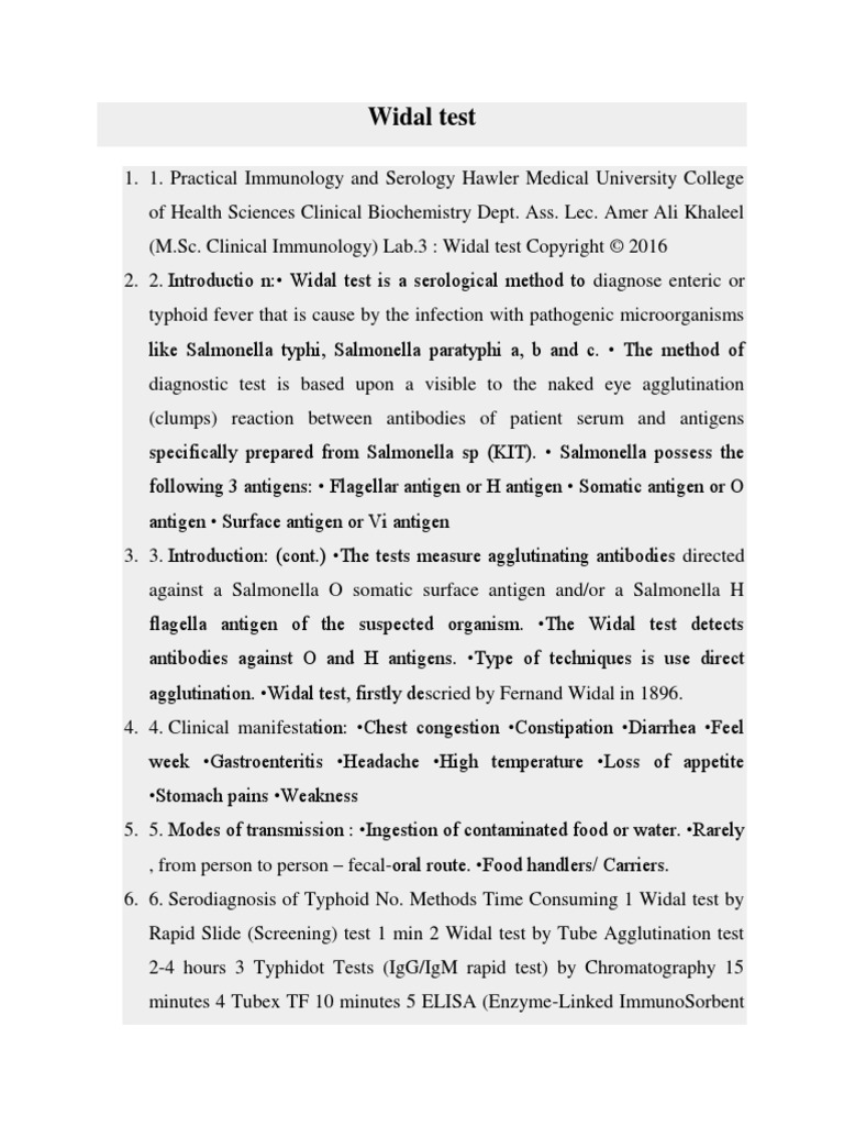 Widal Test | PDF | Salmonella | Infection