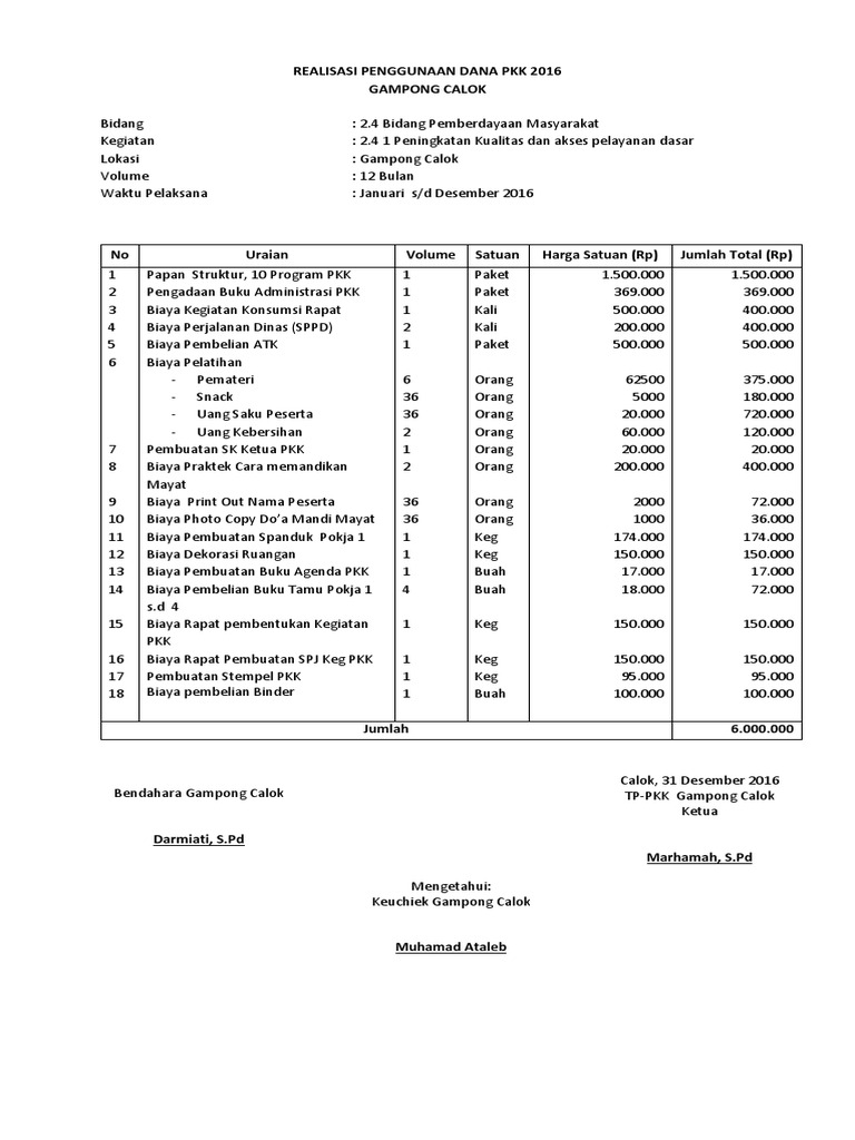Realisasi Penggunaan Dana PKK | PDF