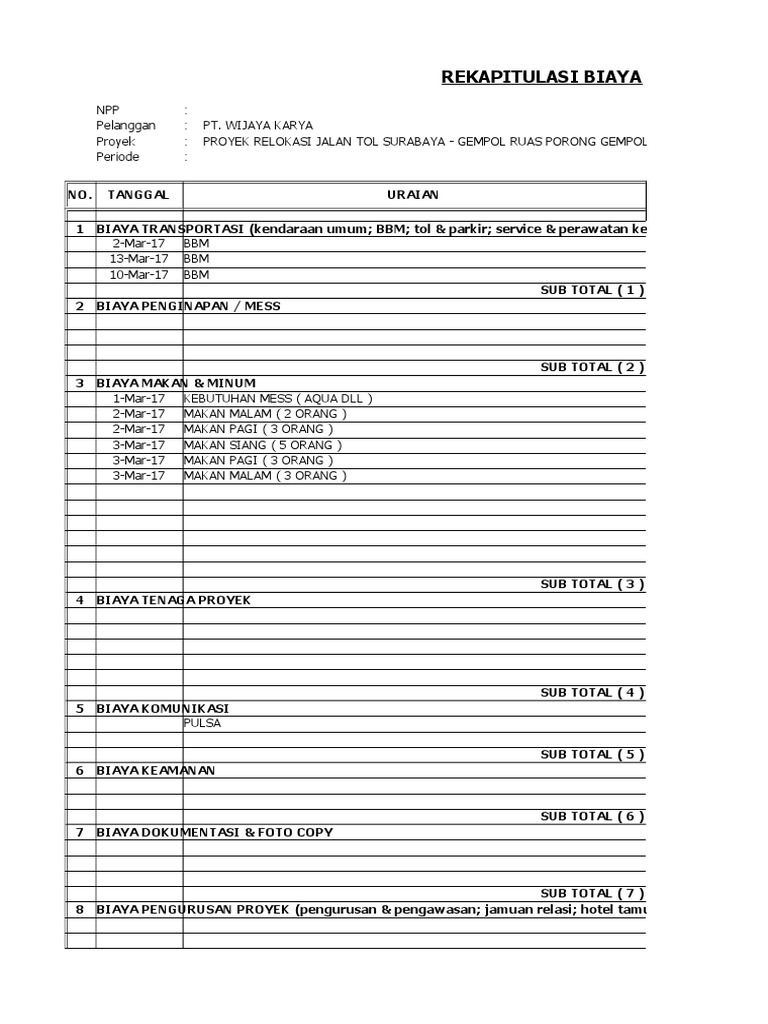 Form Rekap Biaya Pelaksana & Rencana Kebutuhan Dana (Ony) | PDF