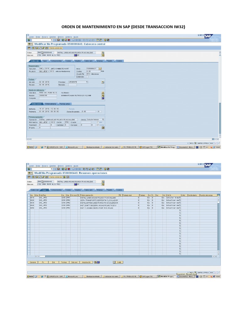 Orden de Mantenimiento SAP IW32 | PDF