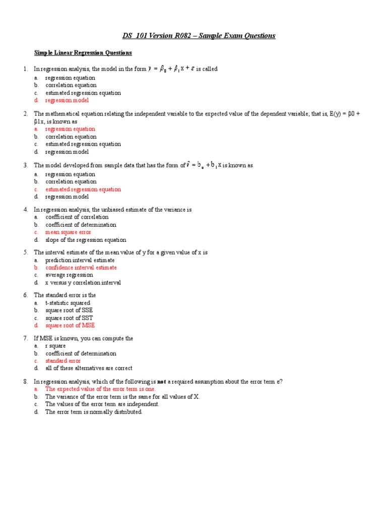 DS 101 Sample Exam Questions | PDF | Regression Analysis | Errors And Residuals