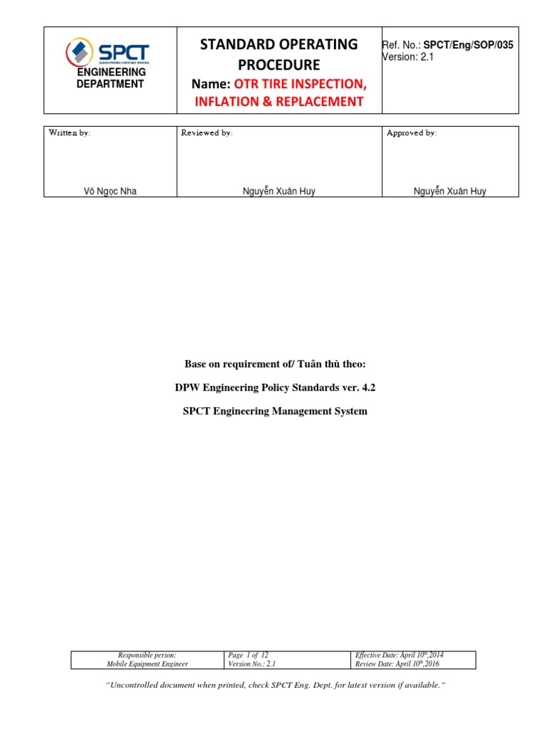 SOP 035 - OTR Tyre Inspection, Replacement & Inflation - V 2.1 | PDF ...