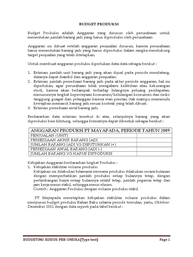 Contoh Anggaran Produksi Perusahaan | PDF | Pengelolaan Keuangan & Uang ...