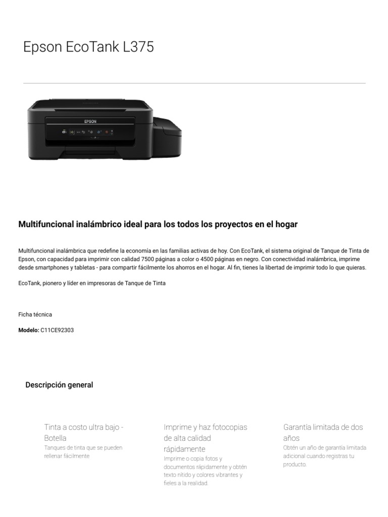 Epson EcoTank L375 _ Inyección de Tinta _ Impresoras _ Para El Hogar ...